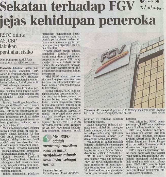 Laman Web Rasmi KPK - SAWIT: Sekatan terhadap FGV jejas kehidupan peneroka